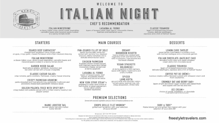 Italian Night Menu - Royal Caribbean Main Dining Room | PDF