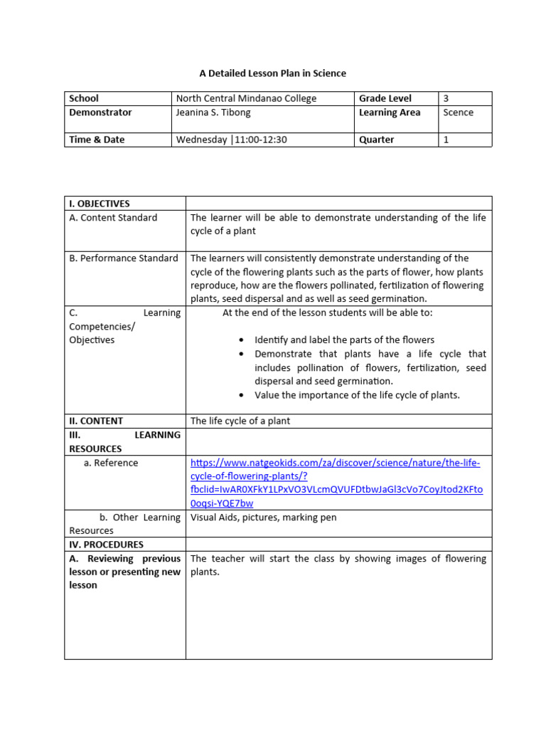 Grade 3 Lesson Plan: Plant Life Cycle | PDF | Flowers | Petal