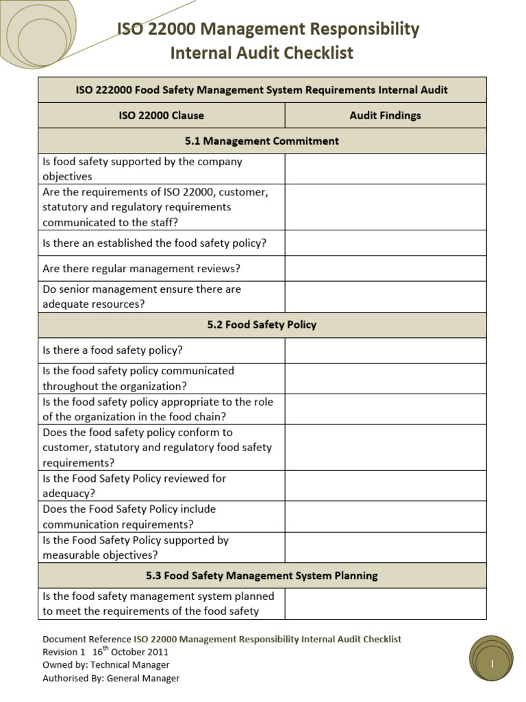 ISO 22000 Internal Audit Checklist | PDF | Audit | Safety