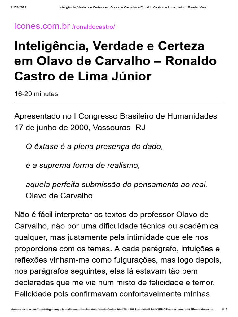 Inteligência e Verdade em Olavo de Carvalho | PDF | Verdade | Metafísica