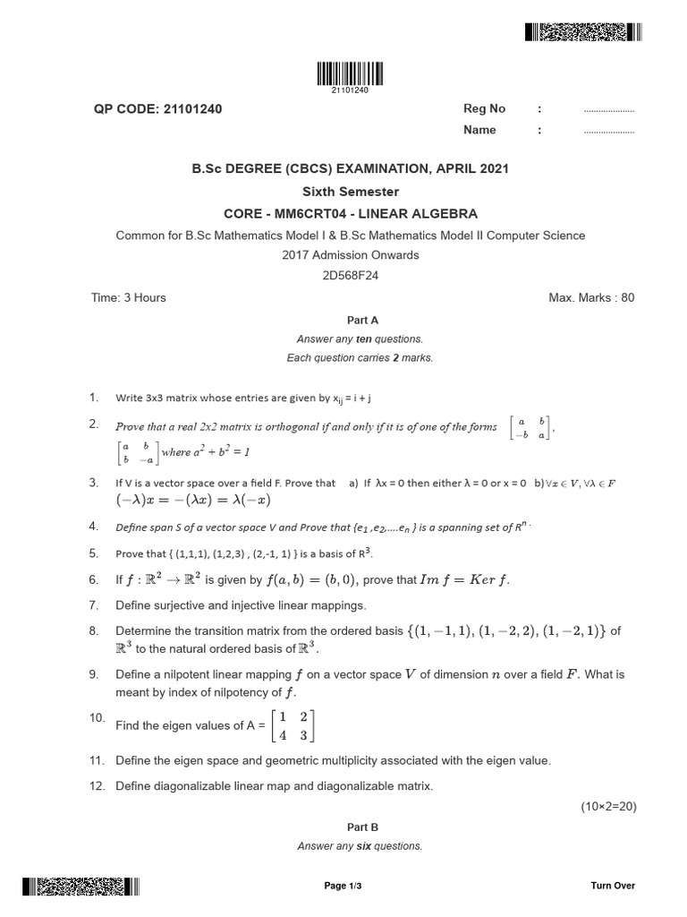 QP CODE: 21101240: Where A + B 1 | PDF | Linear Map | Matrix (Mathematics)