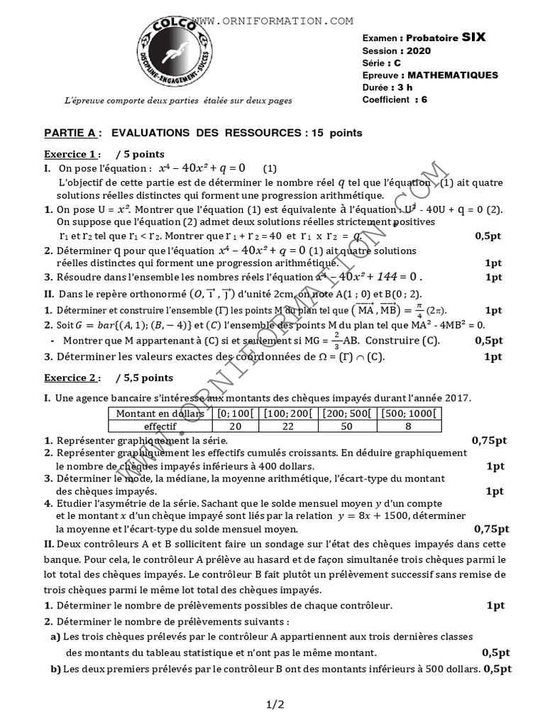 Orniformation Épreuve Mathématiques PremiereC Colco 2020 | PDF