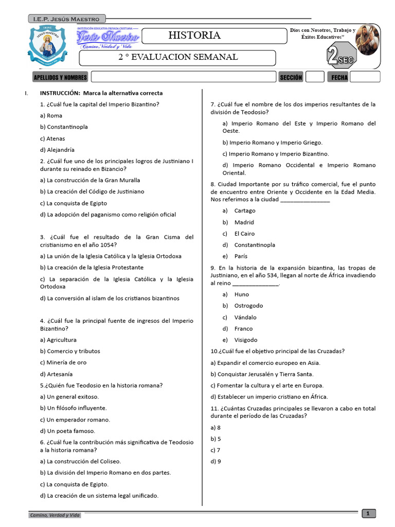 Examen 2 Semanal III HISTORIA 2DO | PDF