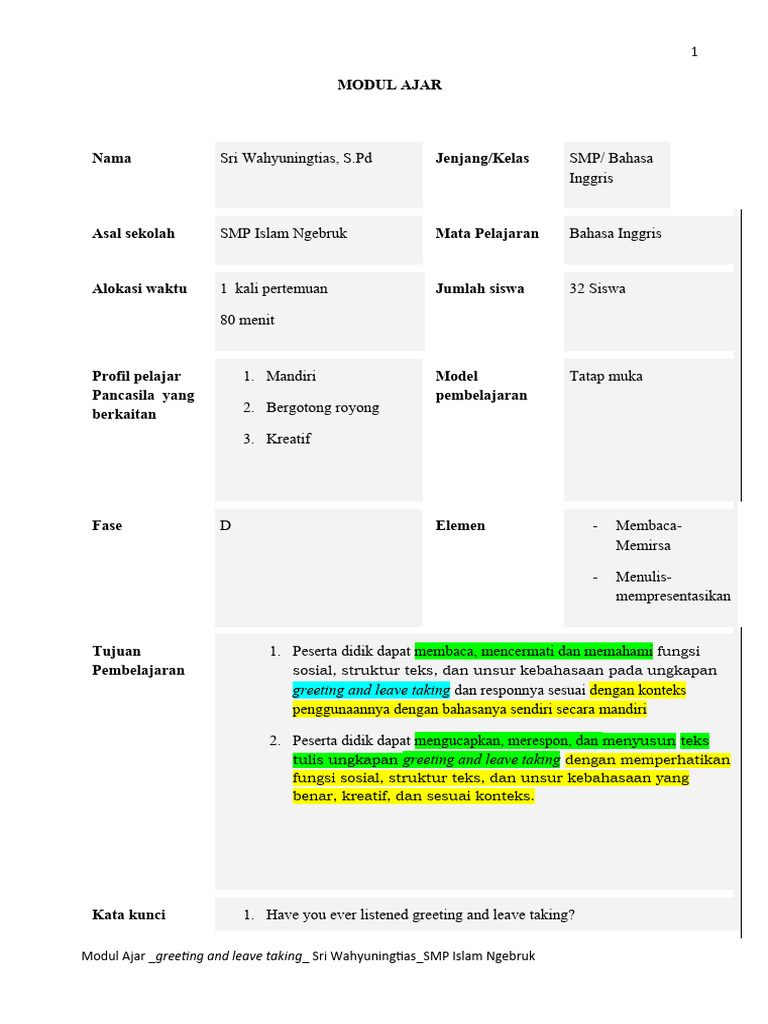 Modul Ajar - Greeting and Leave Taking | PDF