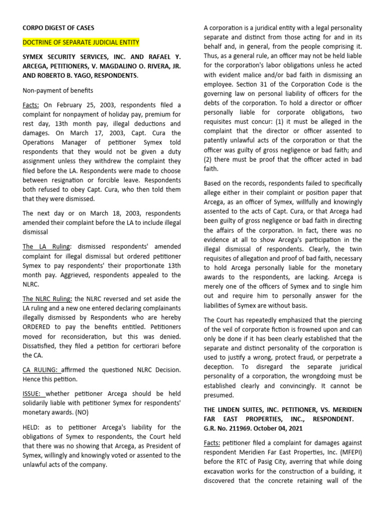 Corpo Digest of Cases | Download Free PDF | Legal Liability | Judgment (Law)