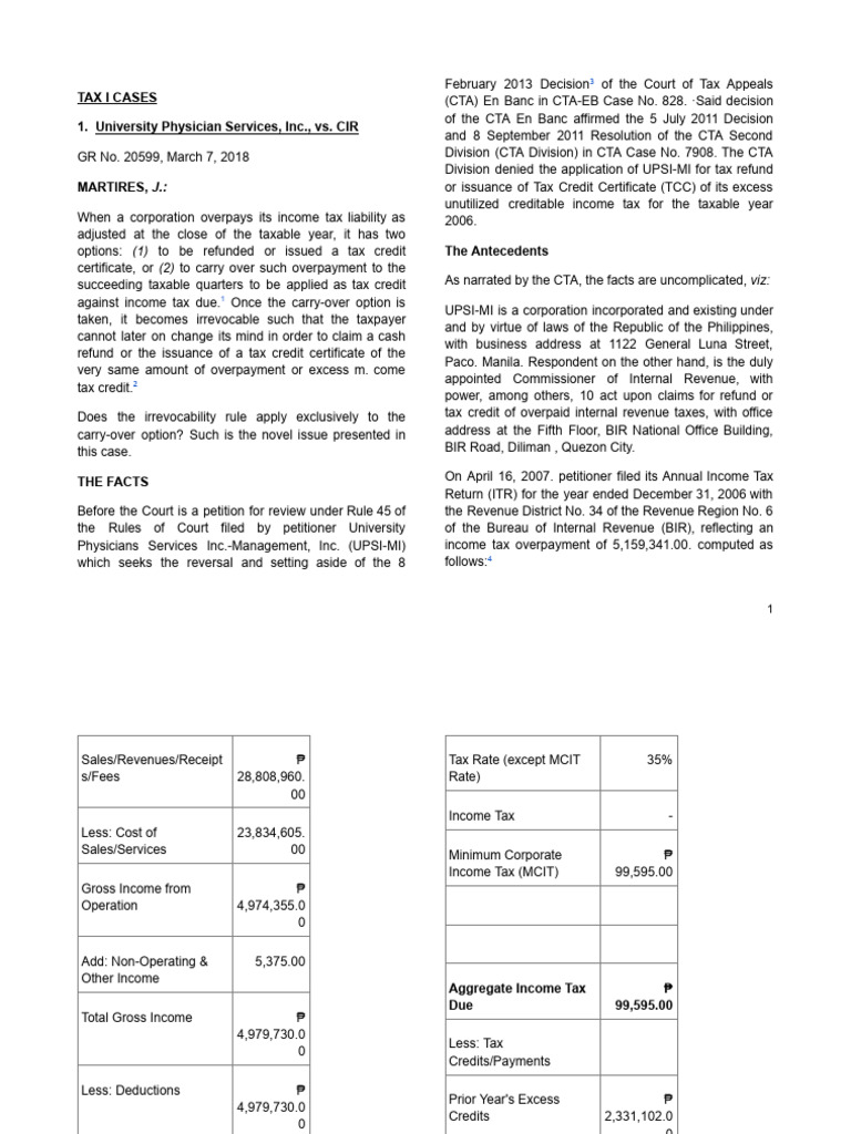 Tax I Cases | PDF | Tax Refund | Tax Credit
