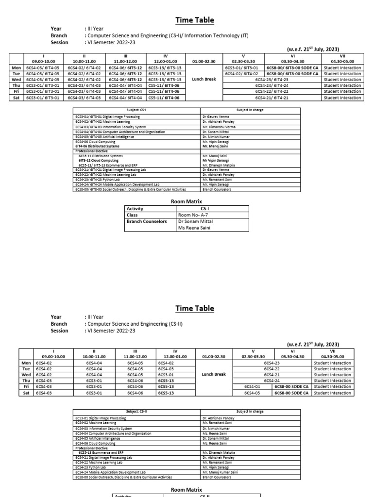 III Year VI Sem Time Table 2022-23-1 | PDF | Cybernetics ...