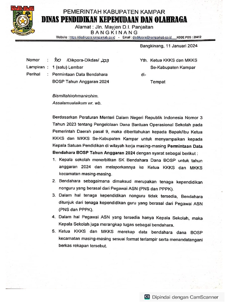 Permintaan Data Bendahara BOSP 2024 | PDF
