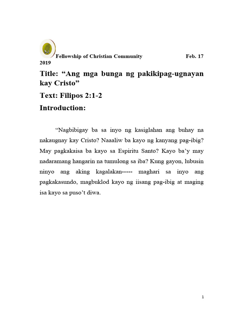 Ang Bunga NG Pakikipag Ugnayan Kay Cristo | PDF