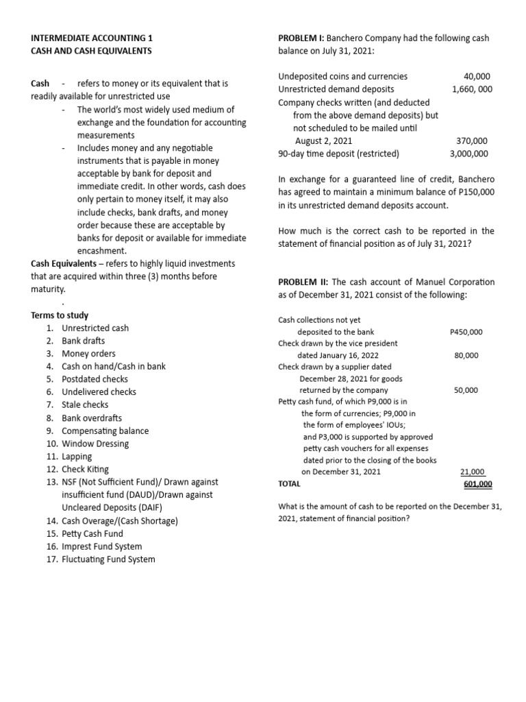 Intermediate Accounting 1 Cash And Cash Equivalents Pdf Money Cash