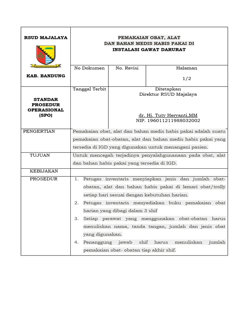 Spo Pemakaian Obat, Alat Dan BHP Di Igd | PDF
