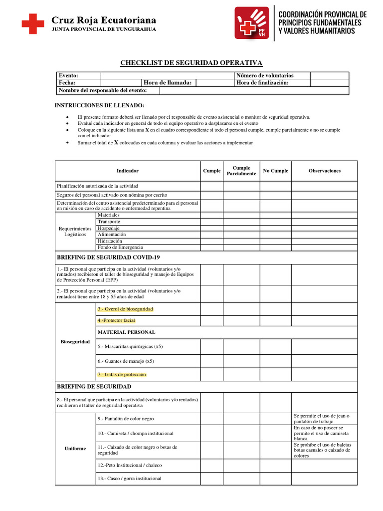 Check List Seguridad Operativa Covid19 TGRH | PDF