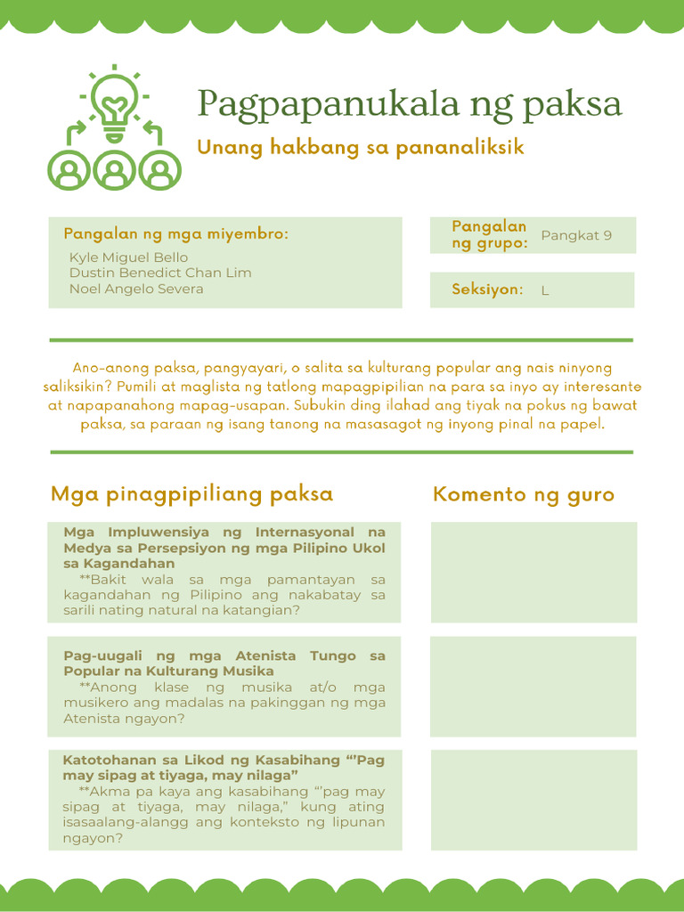 Pagpapanukala ng Paksa worksheet | PDF