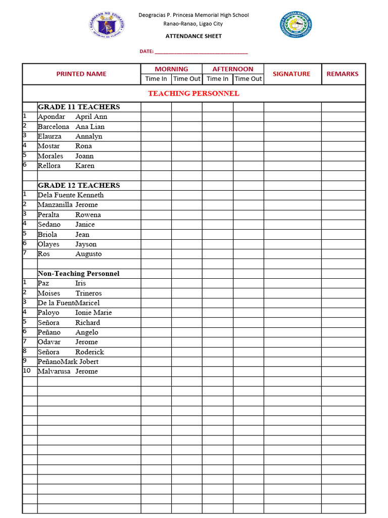 Attendance Sheet SHS | PDF
