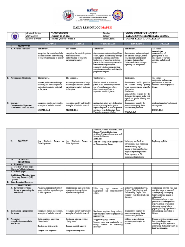 DLL - Mapeh 5 - Q2 - W5 | PDF | Cognitive Science | Cognition