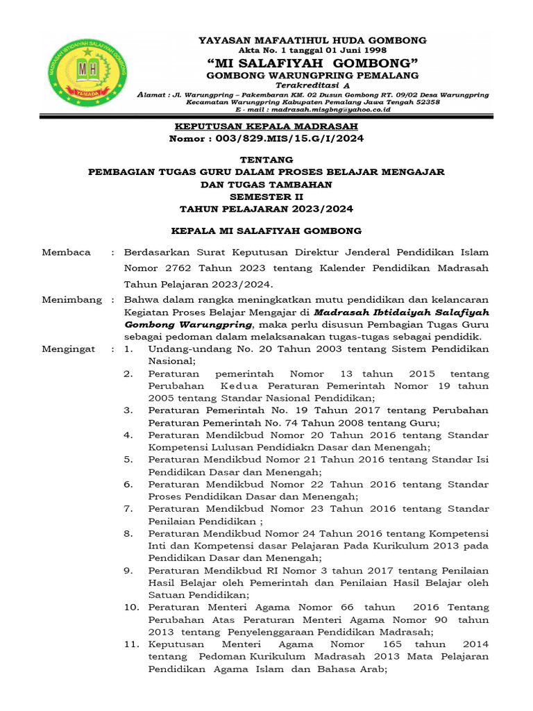 SK Pembagian Tugas Mengajar | PDF