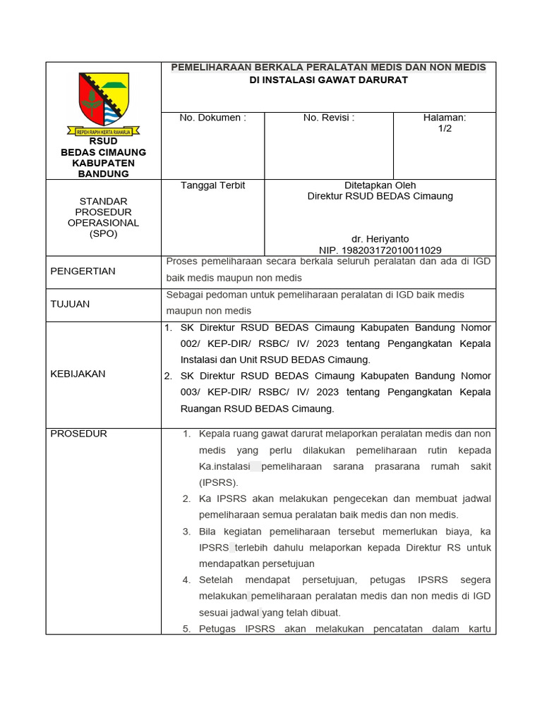 Spo Pemeliharaan Alat Medis Dan Non Medis Di Igd | PDF
