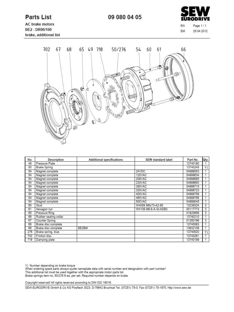 Parts List 09 080 04 05: AC Brake Motors BE2 - DR90/100 Brake ...