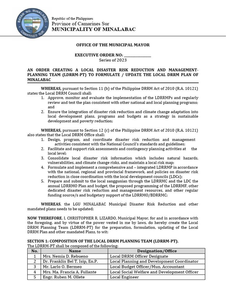 Minalabac Local DRRM Planning Team Creation | PDF | Risk Management ...