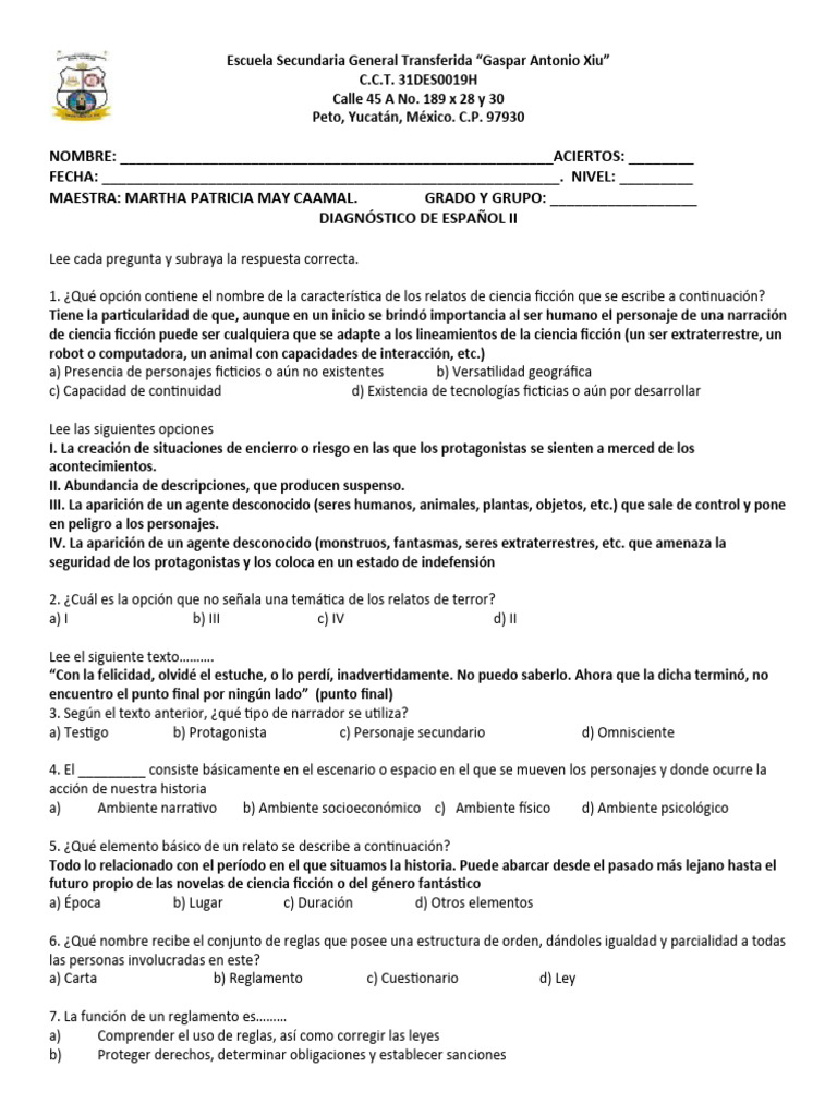Diagnostico de Español Segundo Grado 2023-2024 | PDF | Narración