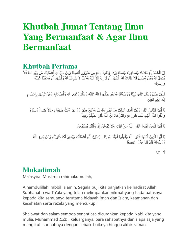 Khutbah Jumat Tentang Ilmu Yang Bermanfaat | PDF