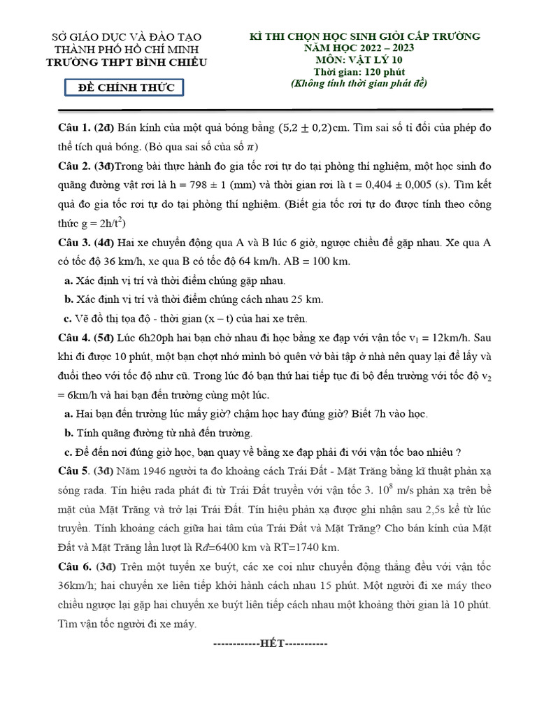 De Hoc Sinh Gioi Vat Ly 10 Nam 2022 2023 Truong THPT Binh Chieu TP HCM | PDF