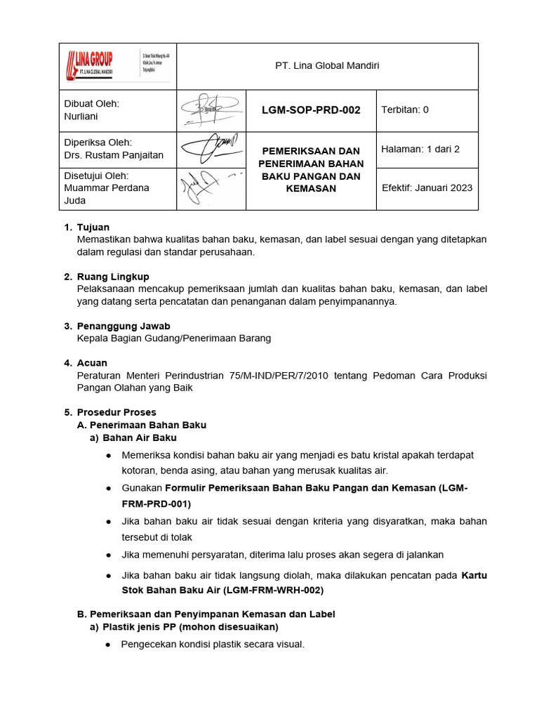 SOP-02-Pemeriksaan Dan Penerimaan Bahan Baku Pangan Dan Kemasan | PDF
