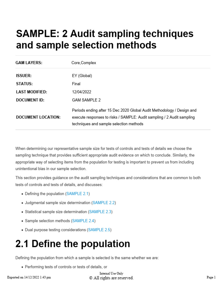 SAMPLE - 2 Audit Sampling Techniques and Sample Selection Methods | PDF ...