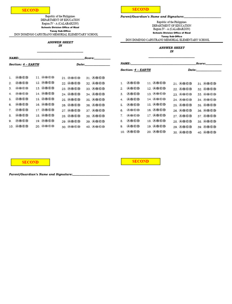 Q2 Answer Sheet New ORCA 2024 (40 ITEMS) | PDF