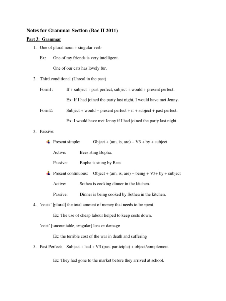 Notes For Grammar Section (Bac II 2011) | PDF