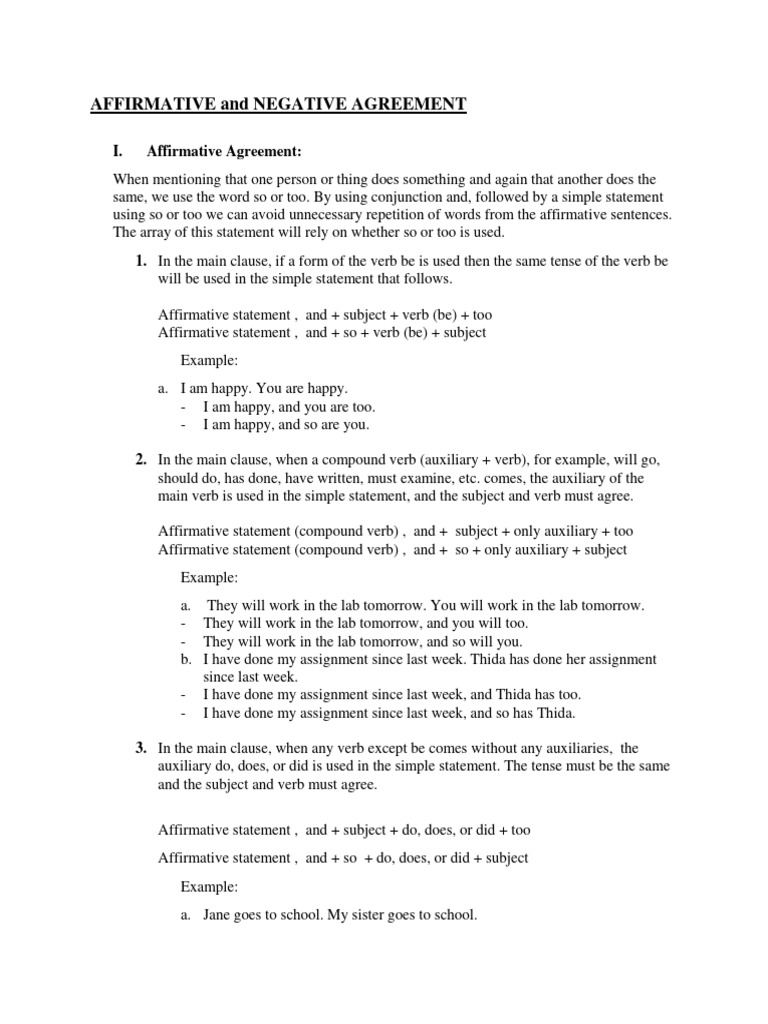 Grammar (Affirmative and Negative Agreement) | PDF | Verb | Subject ...