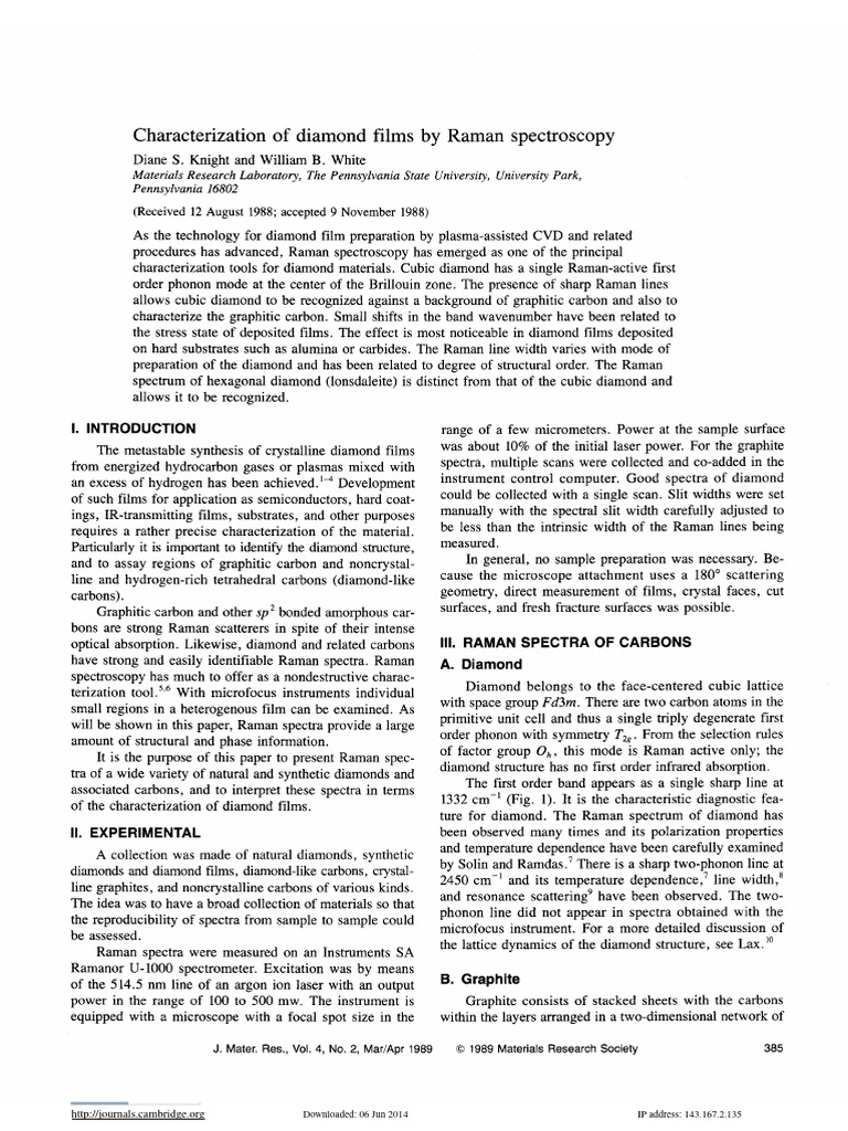 Diane S. Knight and William B. White Characterization of Diamond Films ...