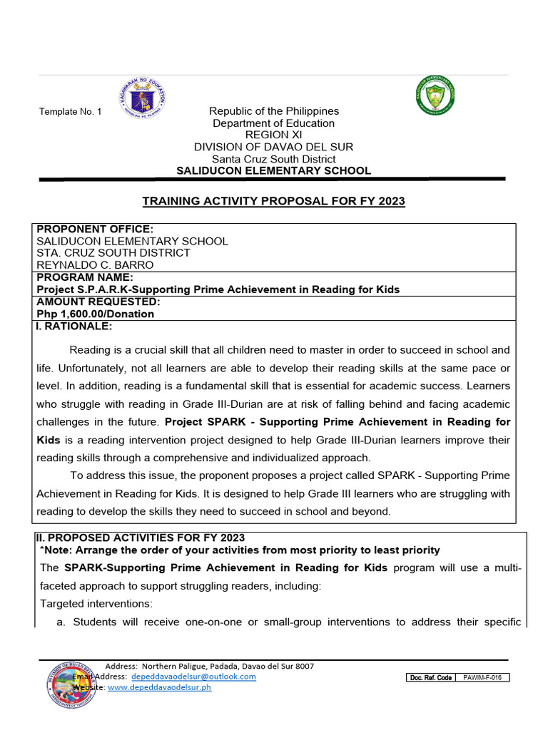 Template No. 1 Training Activity Proposal | PDF | Reading Comprehension | Phonics