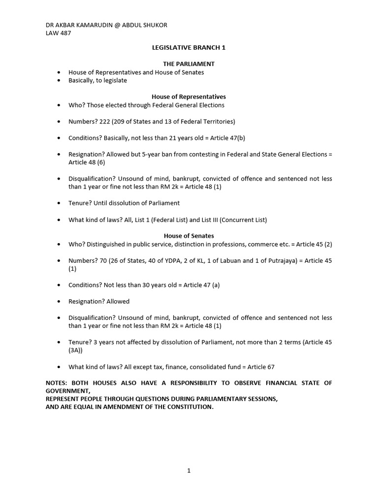 Law 487 Notes Legislative Branch 1 | PDF | Bill (Law) | Royal Assent