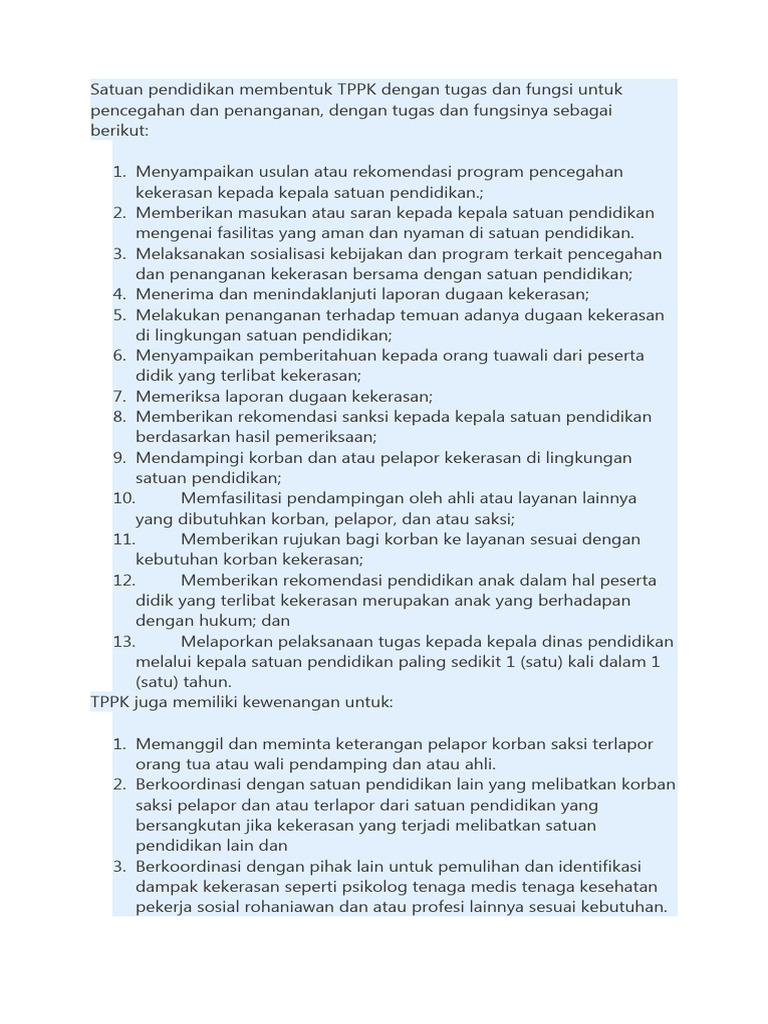 Satuan Pendidikan Membentuk TPPK Dengan Tugas Dan Fungsi Untuk ...