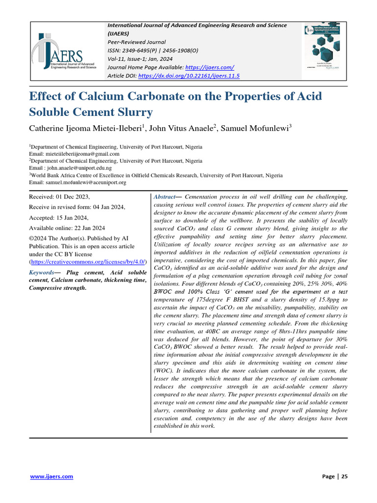 Effect of Calcium Carbonate On The Properties of Acid Soluble Cement Slurry | PDF | Cement | Oil ...