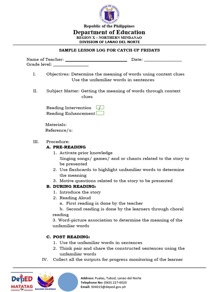 Sample Catch-Up Friday Lesson Plan | PDF