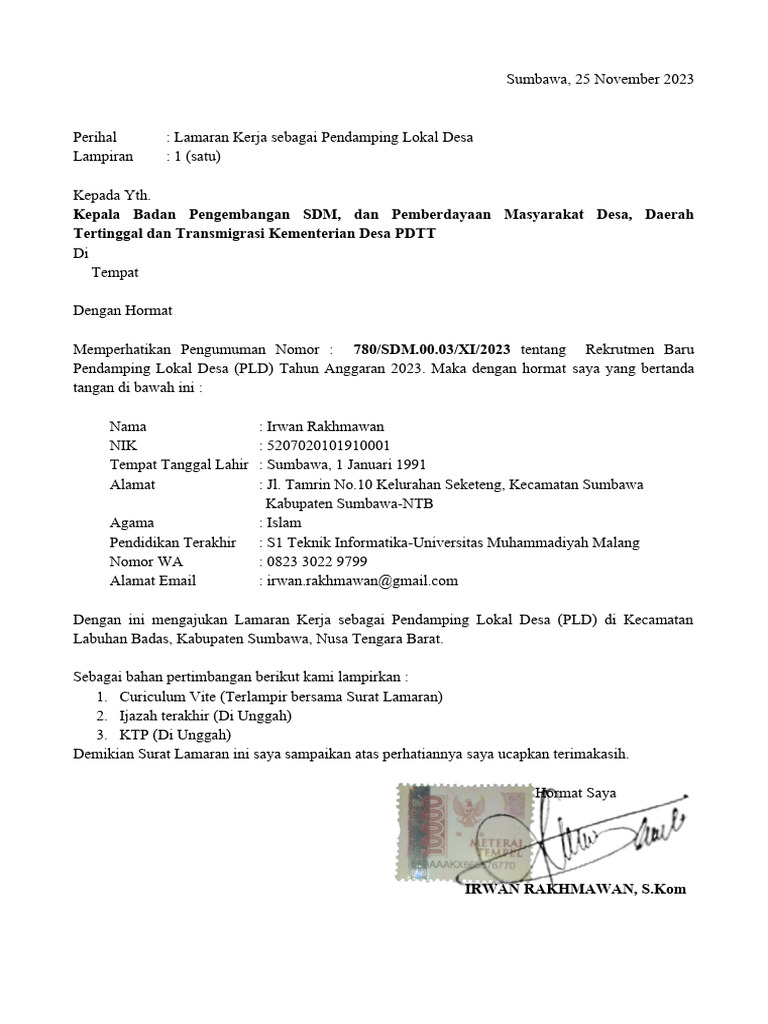 Surat Lamaran Kerja PLD 2023 | PDF
