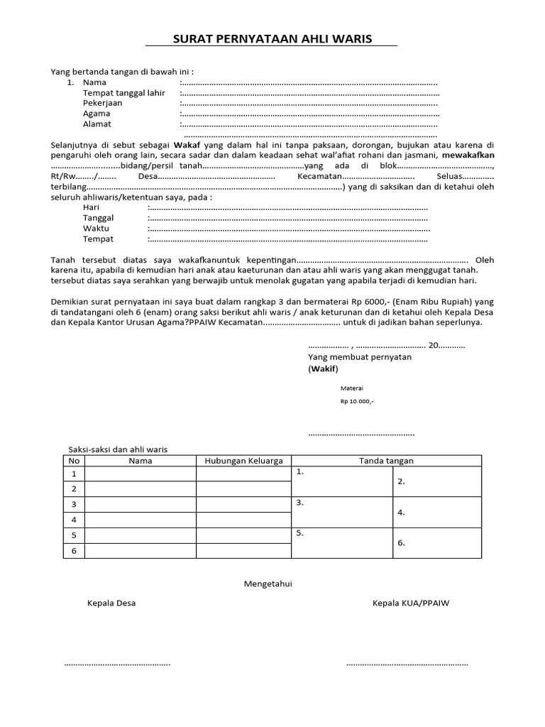 Surat Pernyataan Wakaf Tanah | PDF