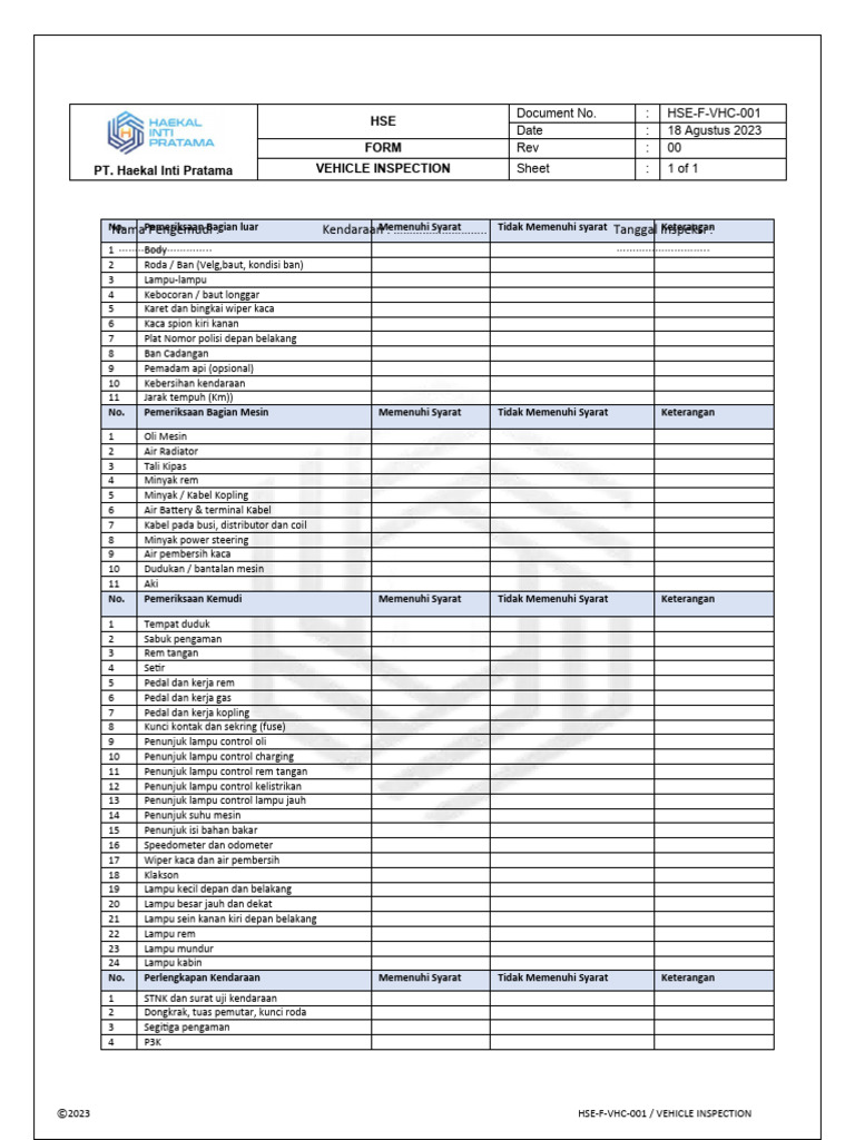 HSE-F-VHC-001 Vehicle Inspection | PDF
