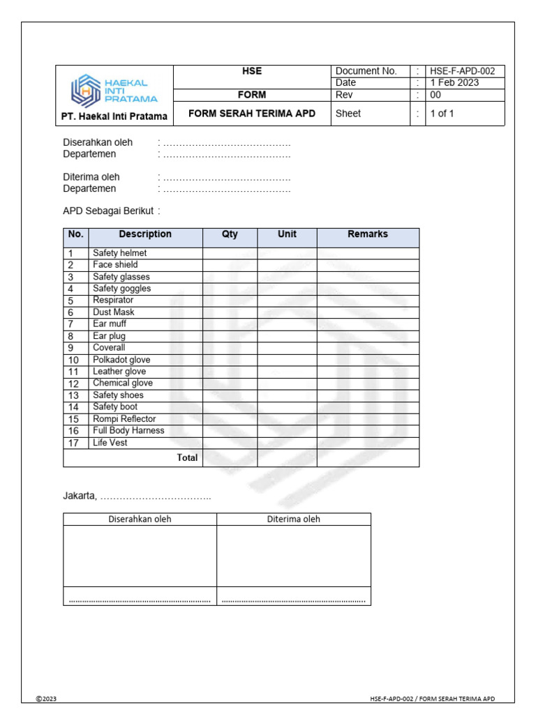 HSE-F-APD-002 Form Serah Terima APD | PDF