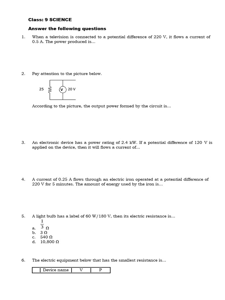 Y9 Electrical Power Exercise Pdf Electric Power Watt