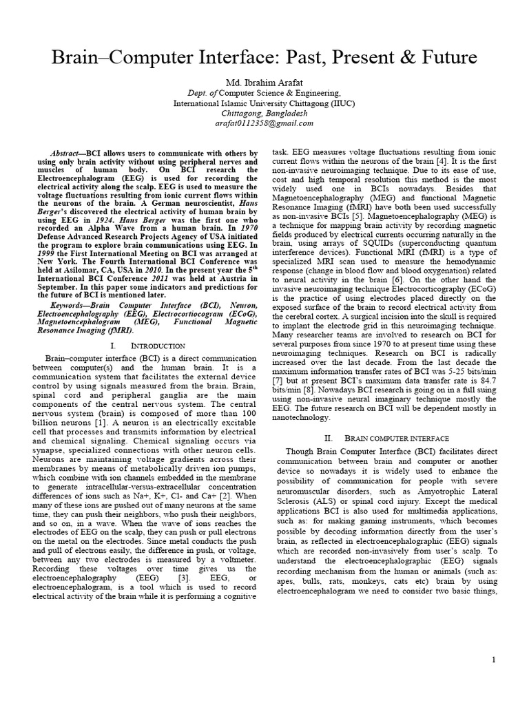 Brain Computer Interface Past Present An | PDF