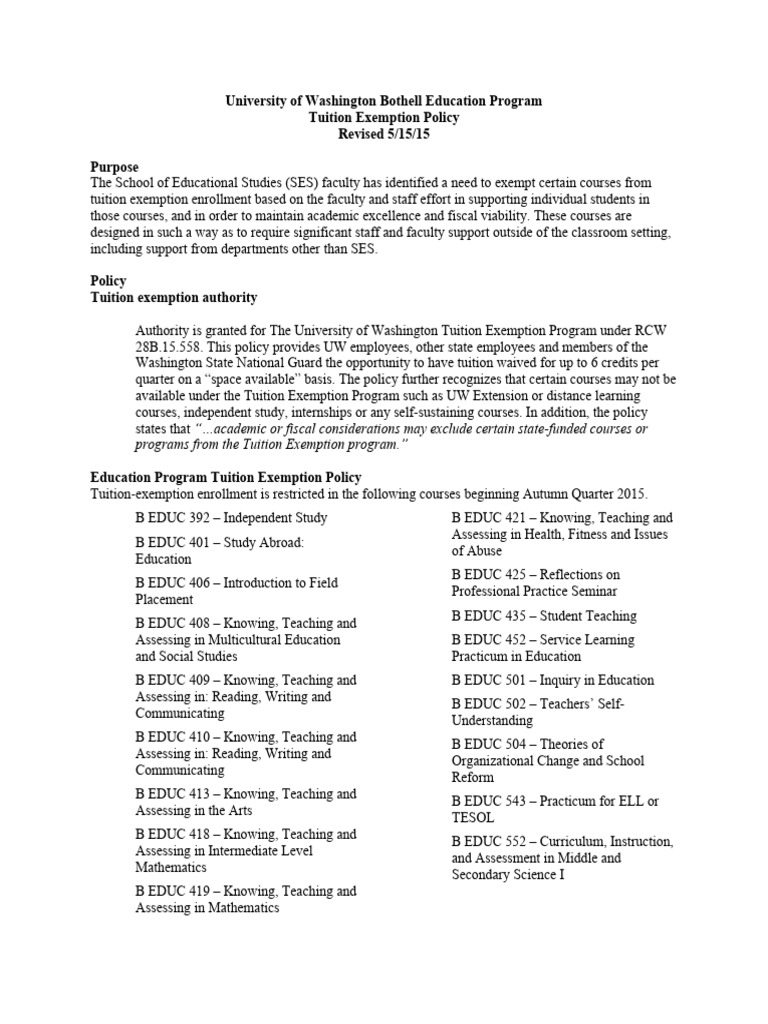 University of Washington Bothell Education Program Tuition Exemption Policy Revised 5/15/15 ...