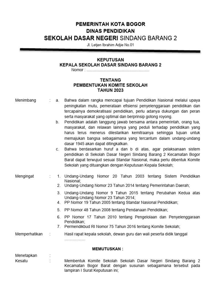Contoh Sk Komite Sekolah 2023 Pdf