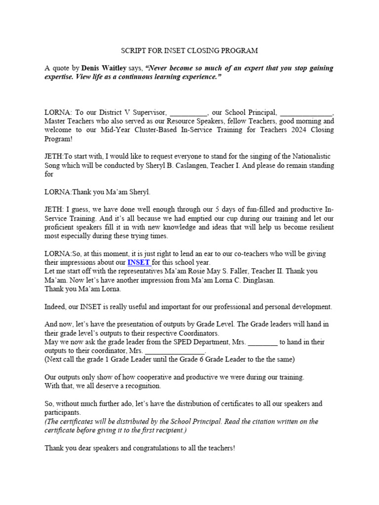 Script For Inset Closing Program | PDF | Learning | Cognition