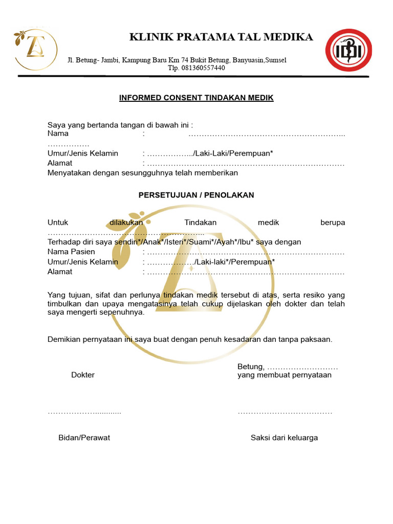 Informed Consent Tindakan Medis Klinik Tal Medika | PDF