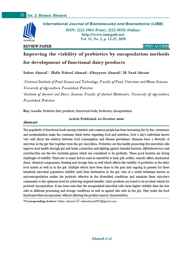 Improving The Viability Of Probiotics By Encapsulation Methods For Development Of Functional