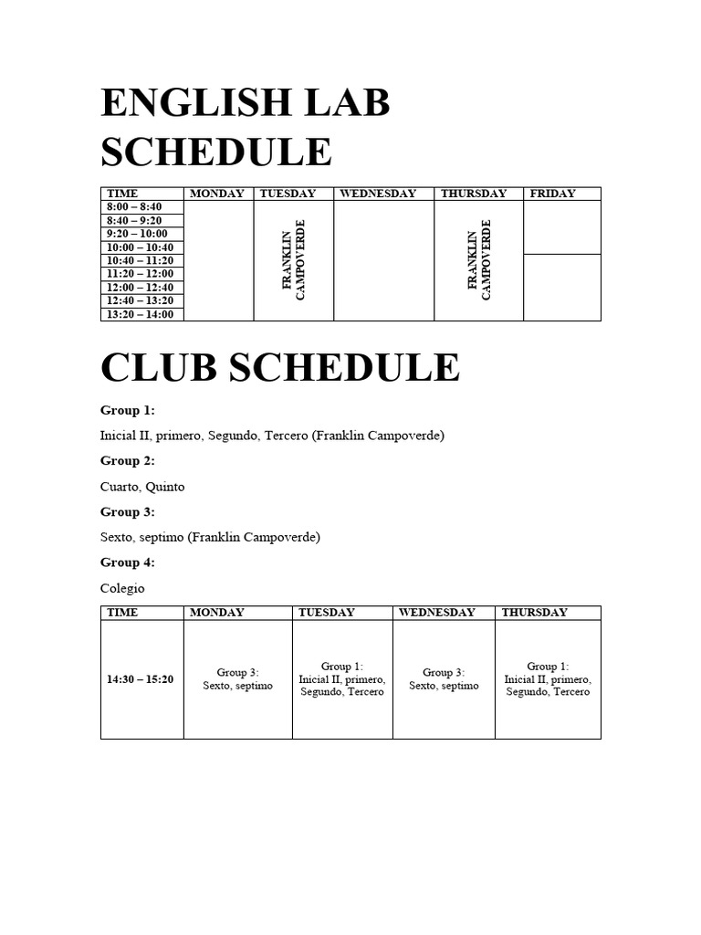English Lab Schedule | PDF