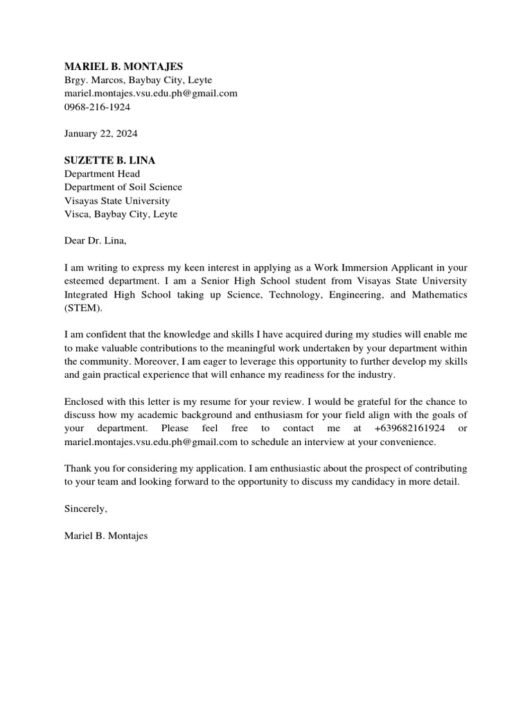 Work Immersion Application Letter | PDF